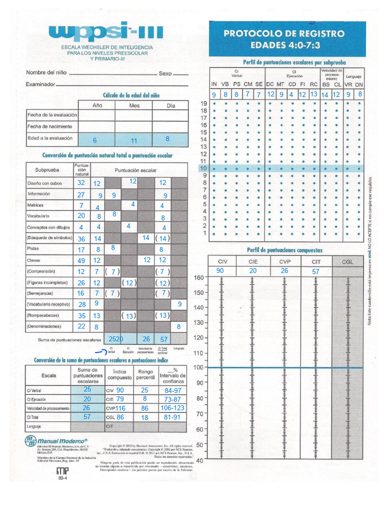 WPPSI-III. Recording protocol [4 to 7 years old] - done in class | PDF
