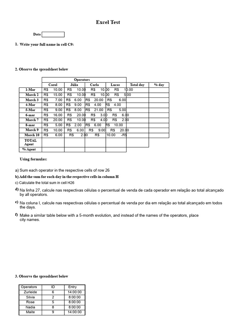 Excel Test: Data Analysis and Functions | PDF | Spreadsheet | Microsoft ...