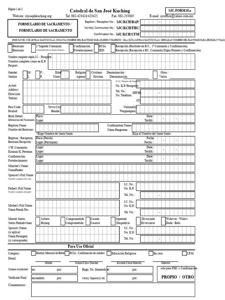 SJC - Form.01a - (Pg1) Formulario de Sacramento | PDF | Adoración ...