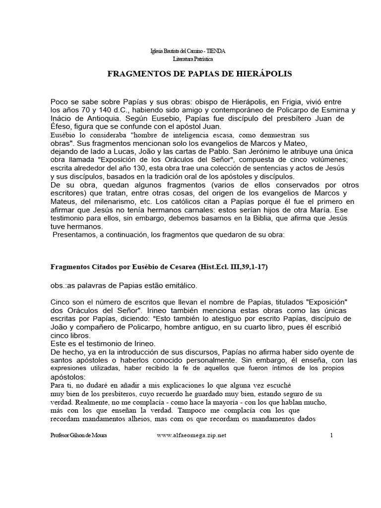 Fragmentos de Papías de Hierápolis | PDF | Santos Cristianos Del Nuevo ...