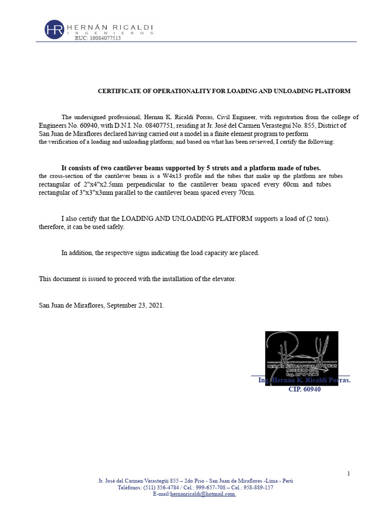 Structural Certificate For Loading and Unloading Platform | PDF