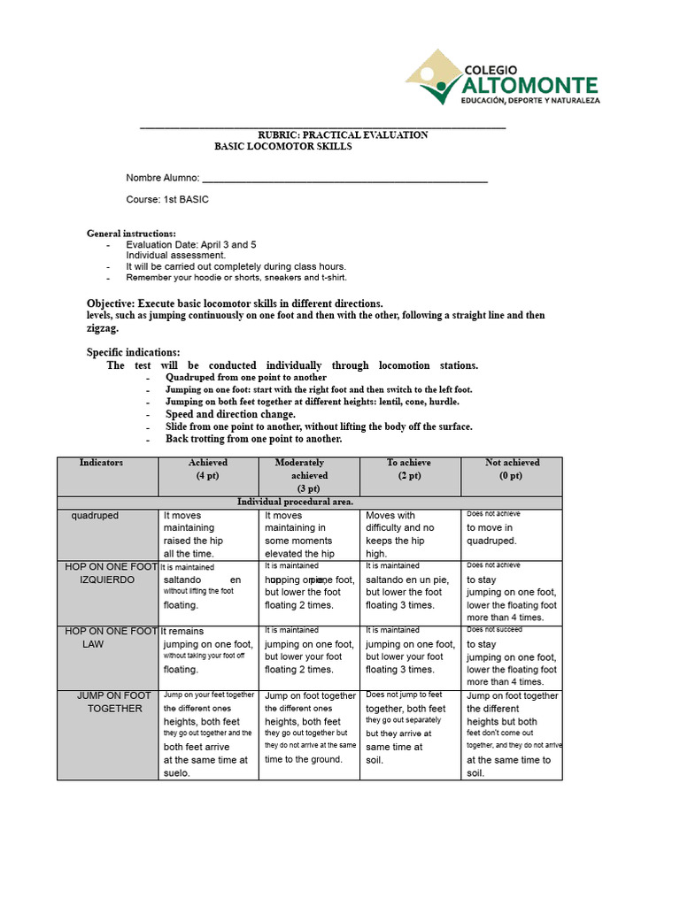 Basic Locomotor Skills Evaluation Rubric | PDF | Animal Locomotion