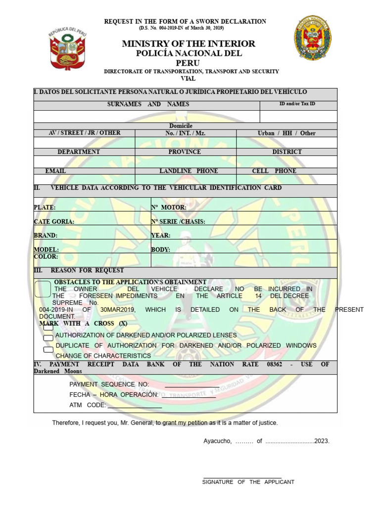 Sworn Declaration Request for Vehicle Authorization | PDF | Police ...
