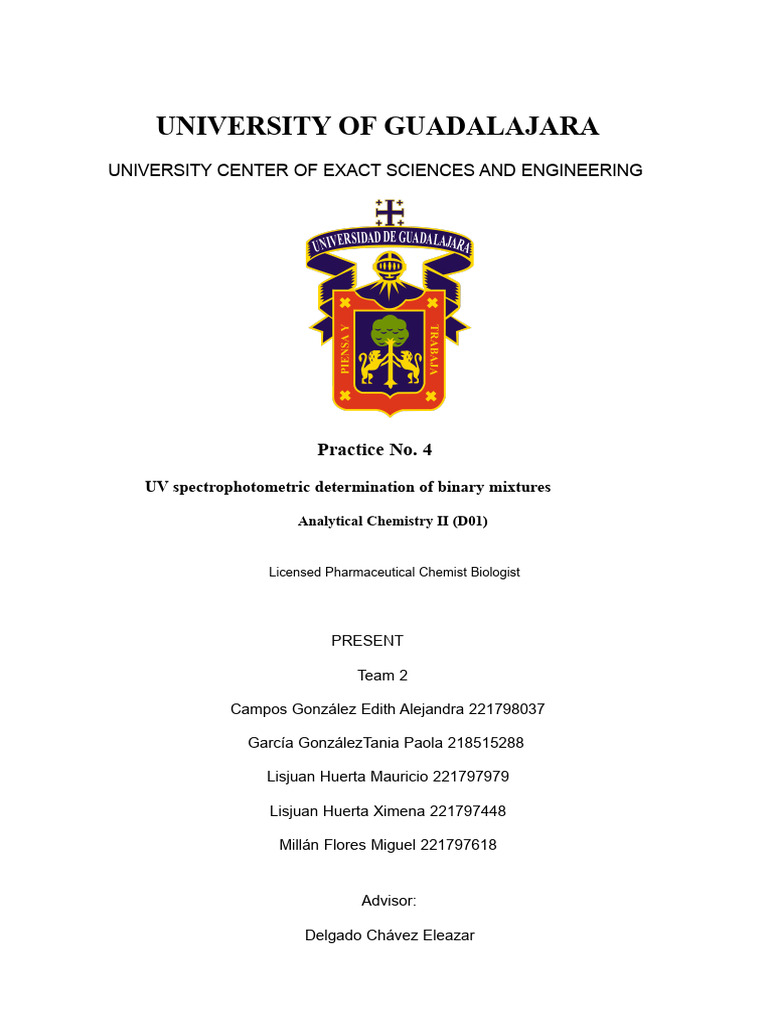 PRACTICE 4. UV Spectrophotometric Determination of Binary Mixtures ...