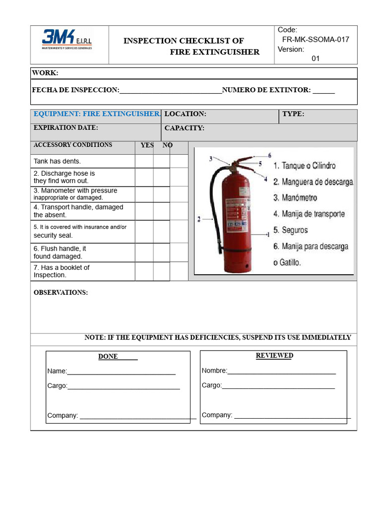 FR-MK-SSOMA-017 Fire Extinguisher Inspection Checklist | PDF