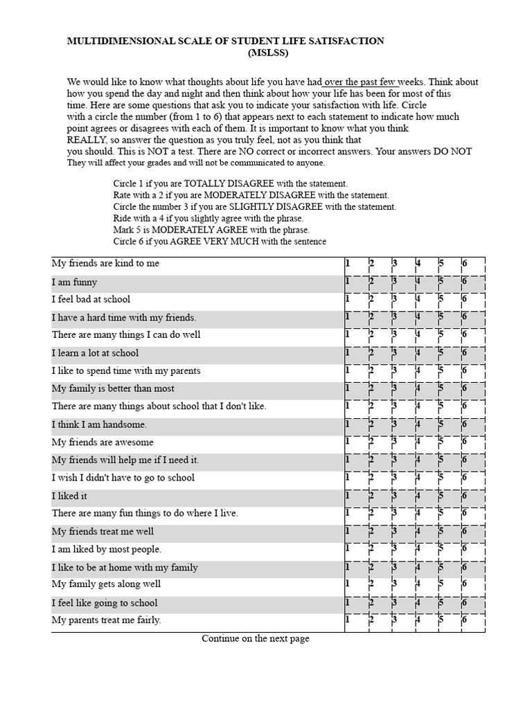 Multidimensional Scale of Student Life Satisfaction (MSLSS) | PDF ...