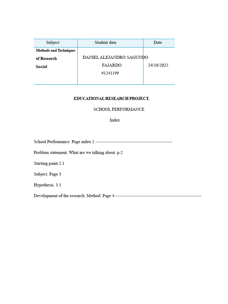 Research Project School Performance | PDF | Hypothesis | Cognition