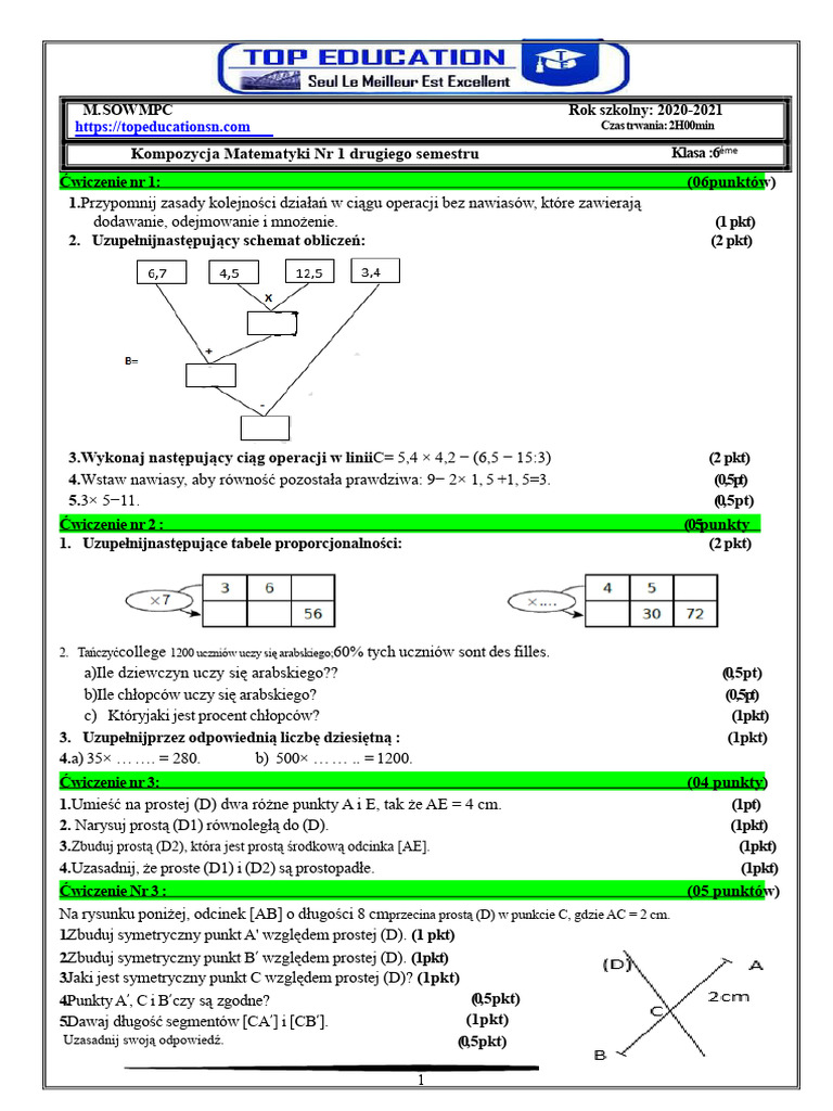 Kompozycja Matematyki NR 1 Semestr 2 Klasy 6 2020-2021 Senegal | PDF