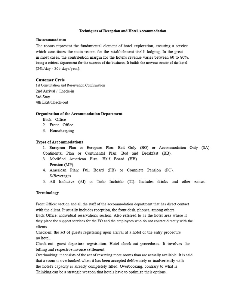 SUMMARY Techniques of Reception and Hotel Accommodation | PDF | Cheque ...