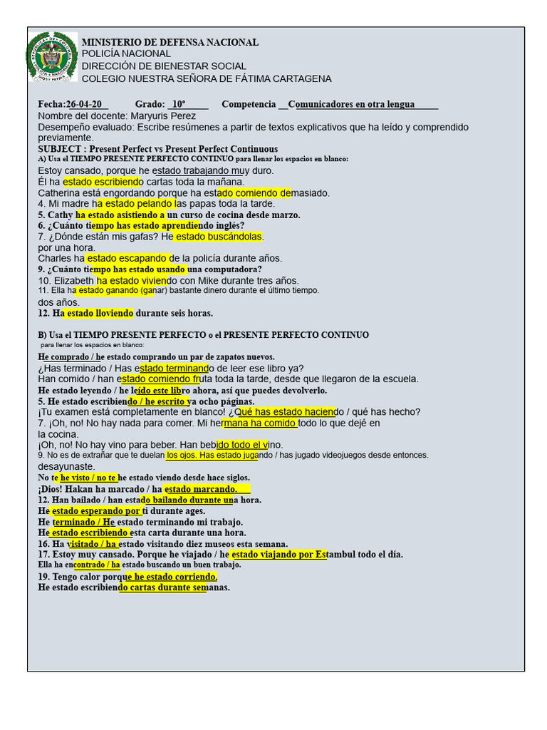 Inglés+tarea+-+tiempo+presente+perfecto+continuo | PDF
