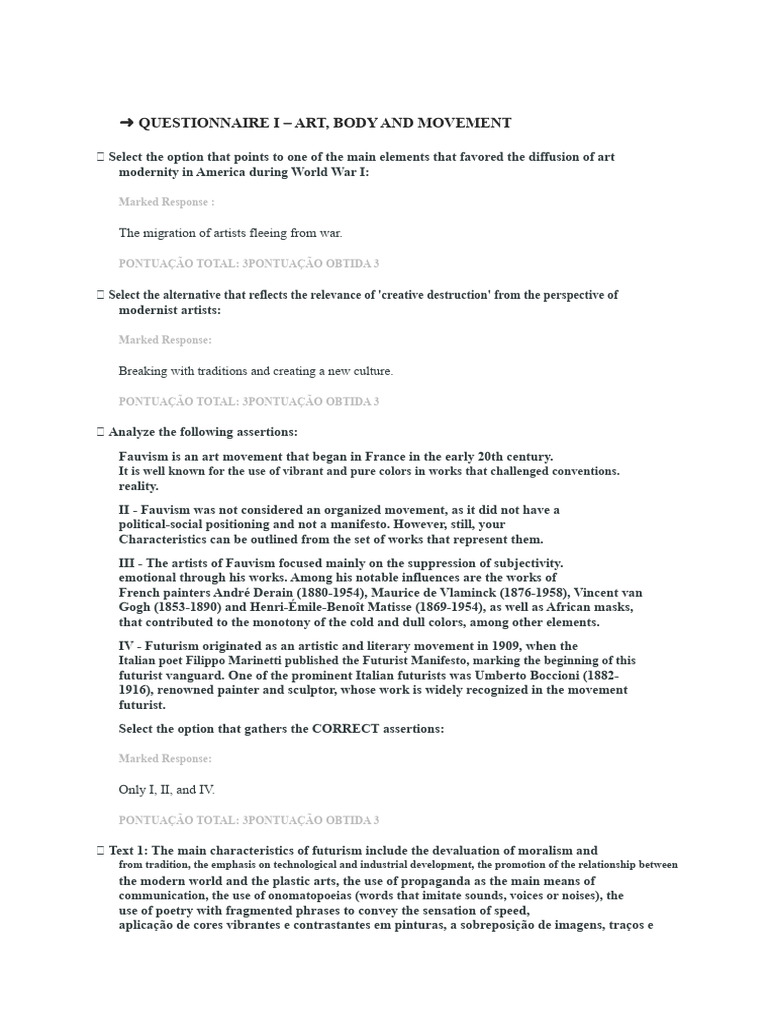 Questionnaire I - Art, Body, and Movement | PDF | Art Movements | The Arts