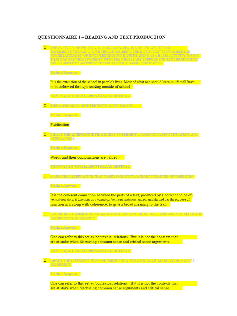 Questionnaire I - Reading and Text Production | PDF | Cognition | Learning