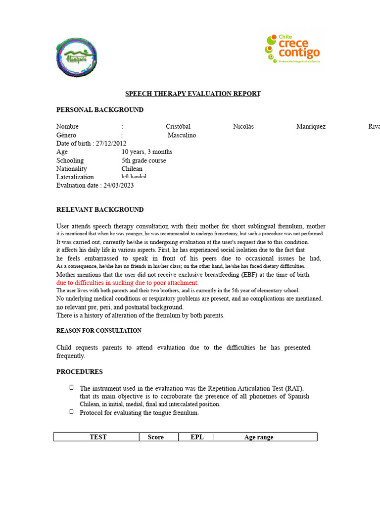 Speech Therapy Evaluation Report Personal Background: Due To ...