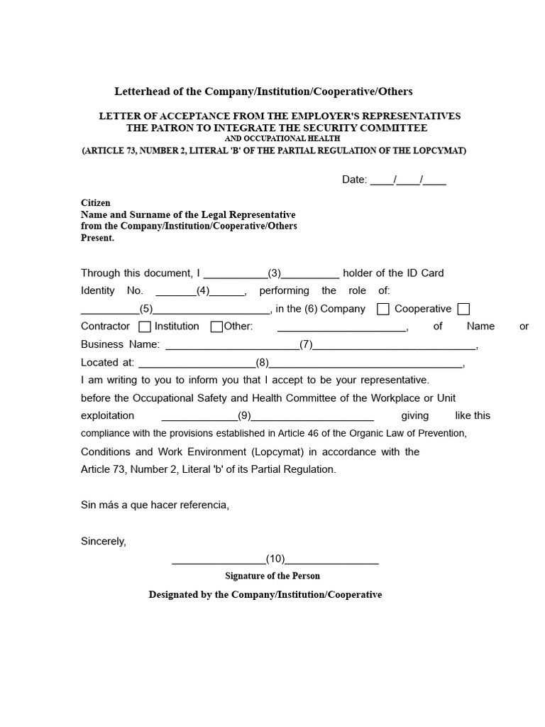 Employer's Acceptance Letter Template | PDF | Occupational Safety And ...