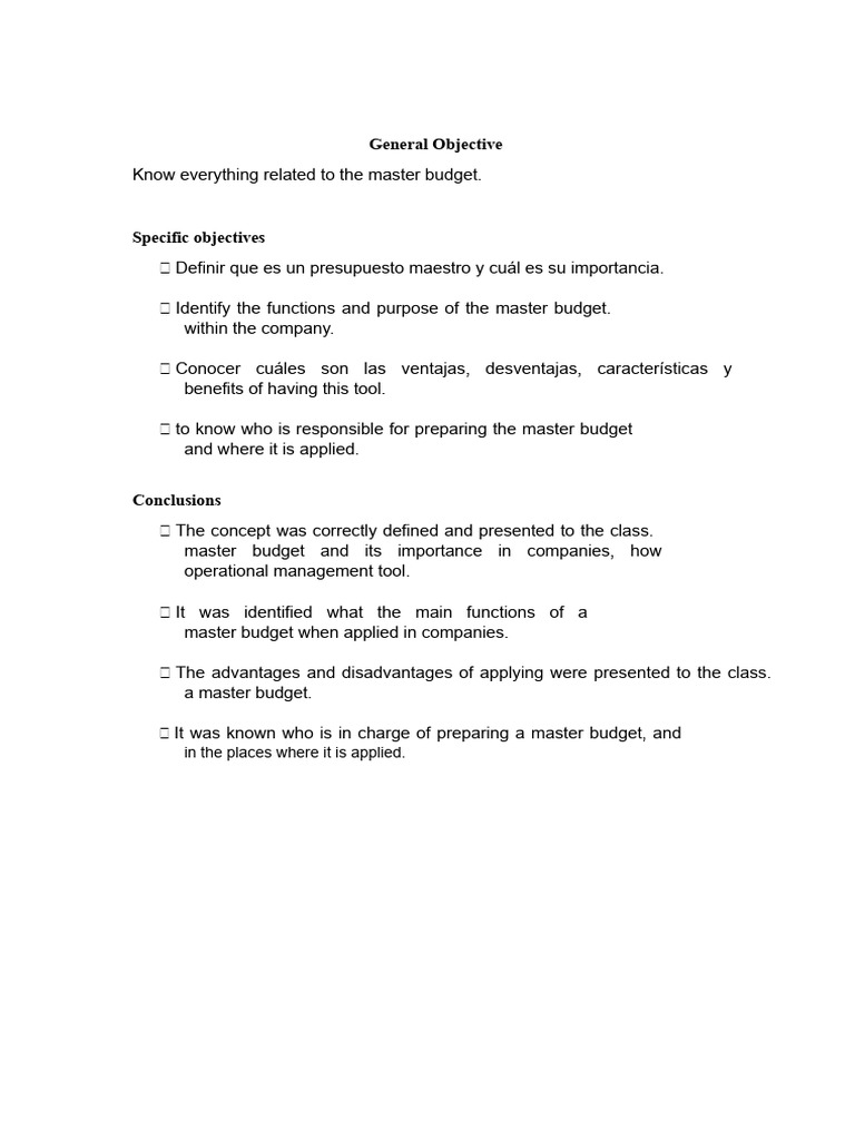 Objectives and conclusions of the master budget (1) | PDF