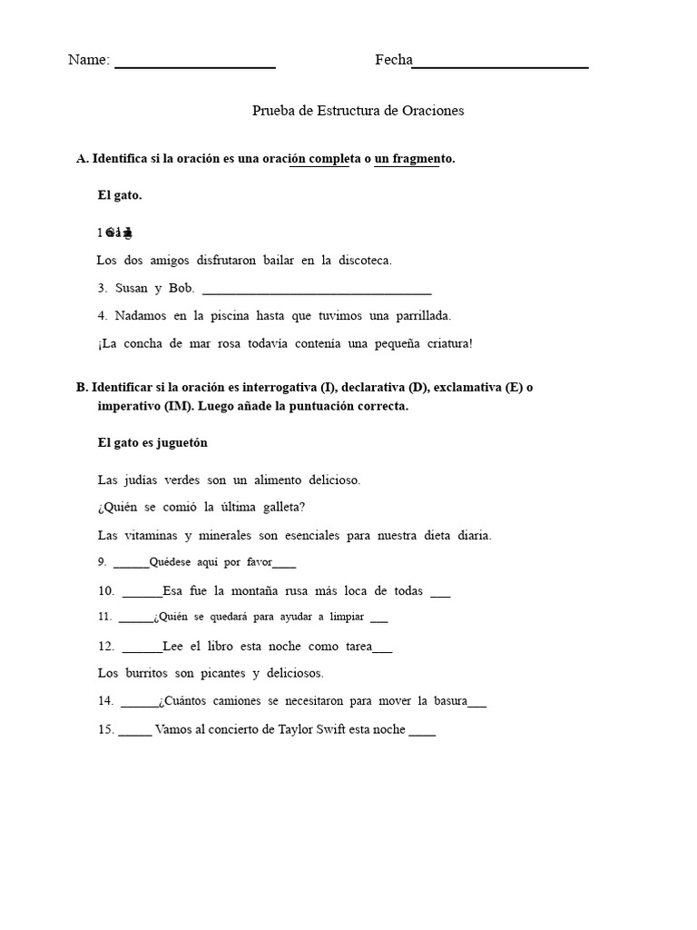 Prueba de Estructura de Oraciones-1 | PDF | Puntuación | Oración ...