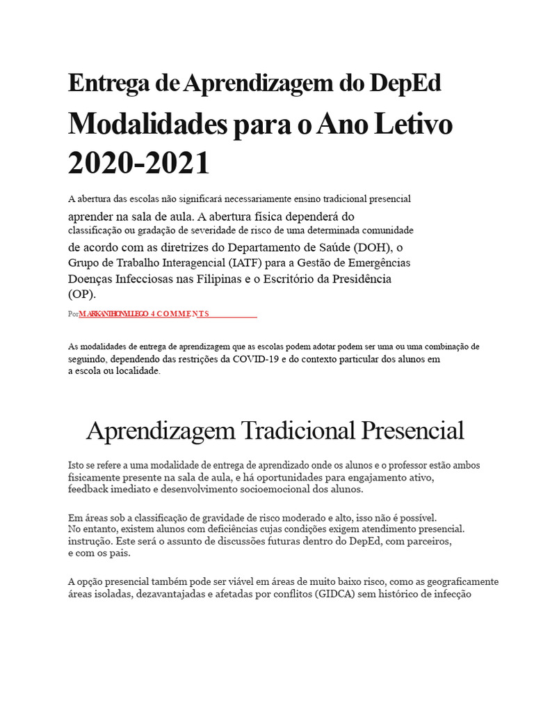 Modalidades de Entrega de Aprendizagem Da DepEd para o Ano Letivo de ...