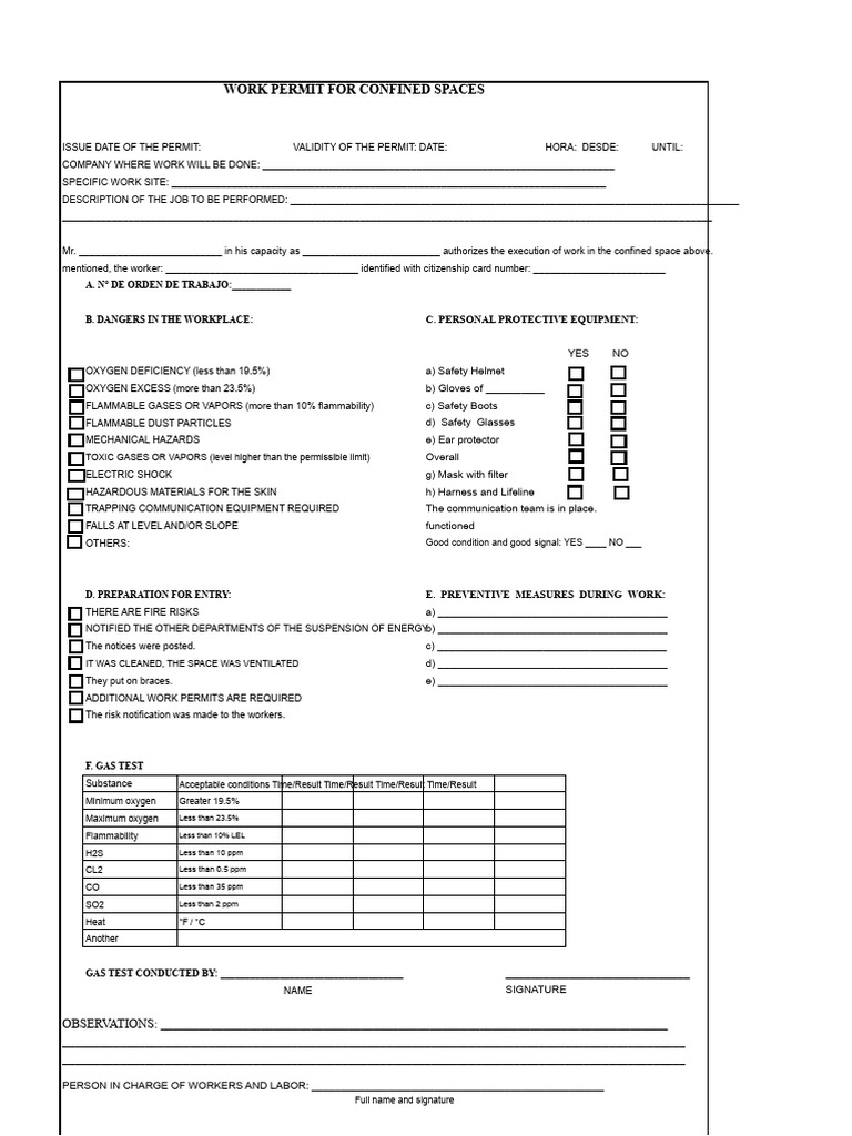 Confined Space Work Permit Format | PDF | Personal Protective Equipment ...