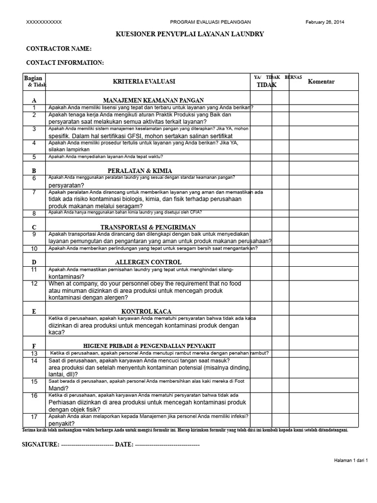 Formulir evaluasi penyedia layanan laundry_SAMPLE | PDF