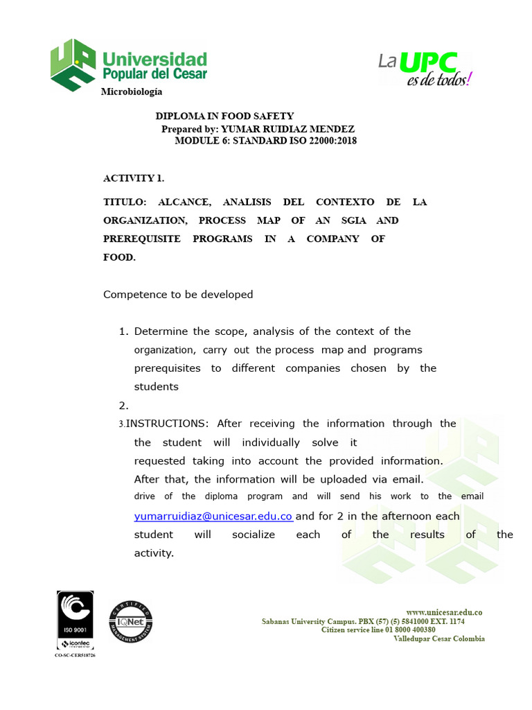 Activity # 1. Iso 22000 Scope of The Food Safety Management System ...
