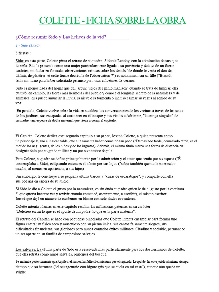 Análisis de "Sido" y "Las Vrilles" de Colette | PDF