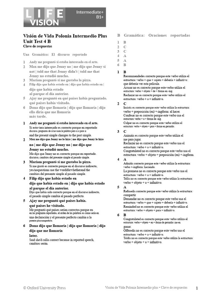 Clave de Respuestas de La Unidad 4b de Lif Vis Pol Intp | PDF | Verbo ...