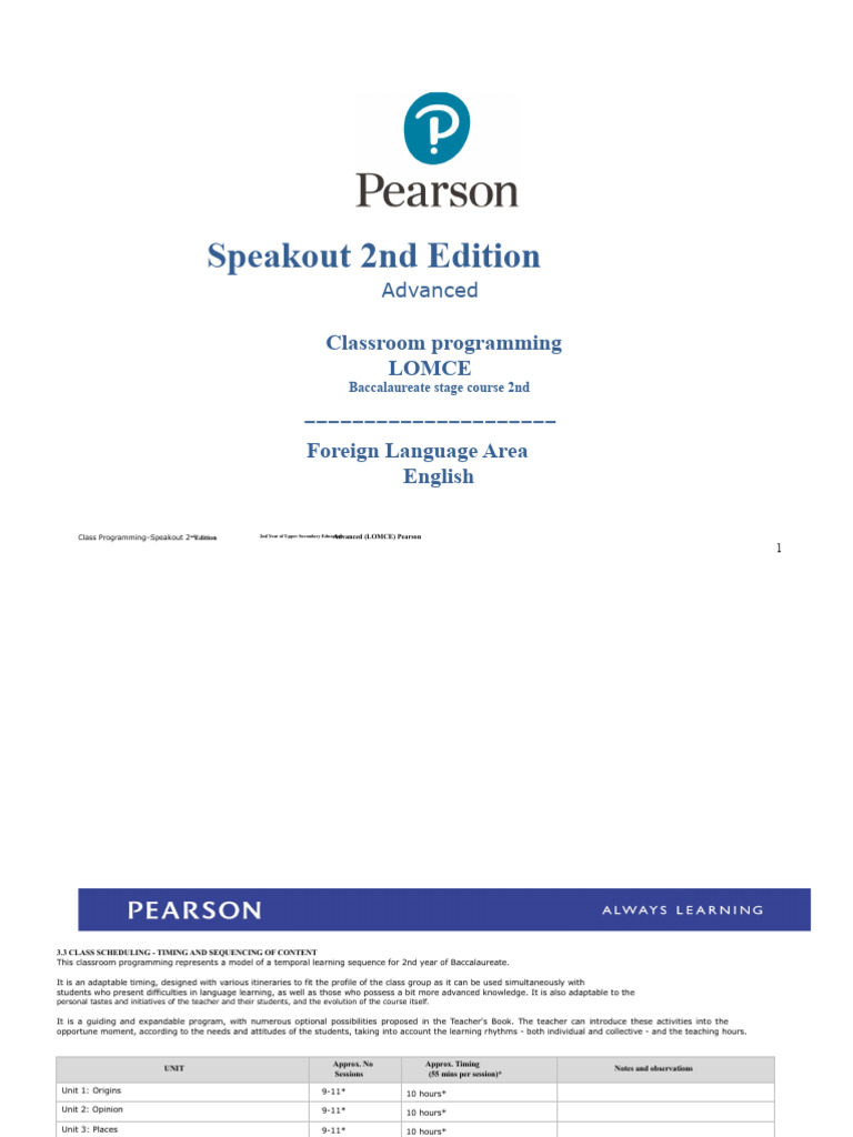 SpeakOut 2nd Edition 2nd Bach LOMCE Classroom Programming | PDF ...