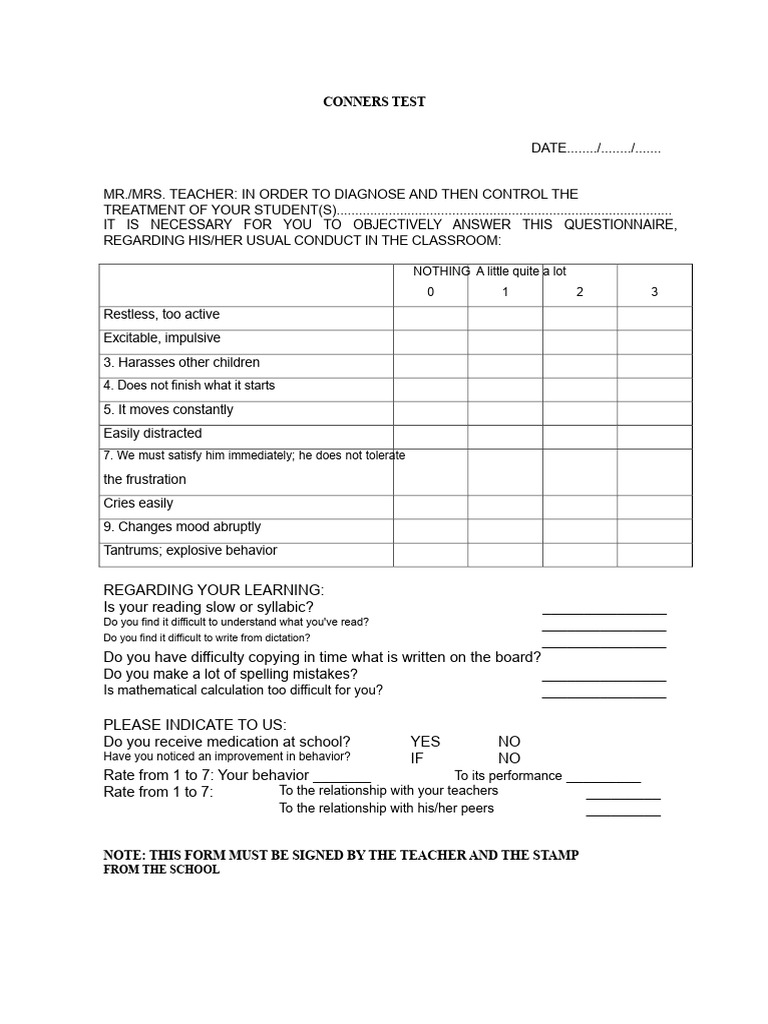 Conners Test Questionnaire for Behavior | PDF | Psychology ...
