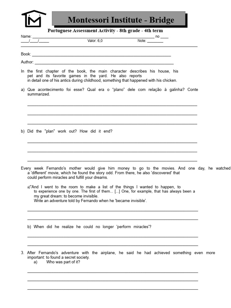Assessment Activity - Portuguese 8th Grade 4th Bim The Boy in The ...