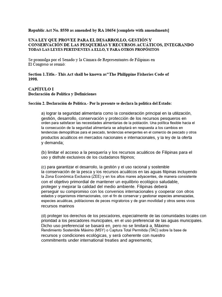 RA 8550 Enmendado Por RA 10654 Código de Pesca | PDF | Pesquería | Mar