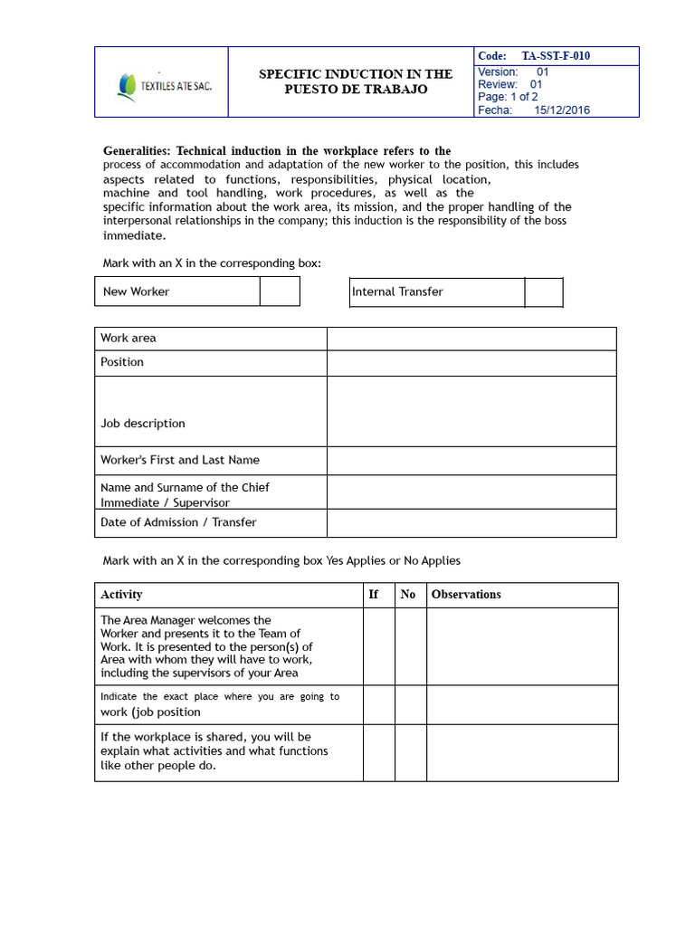 TA-SST-F-010 Specific Job Induction Format | PDF | Occupational Safety ...