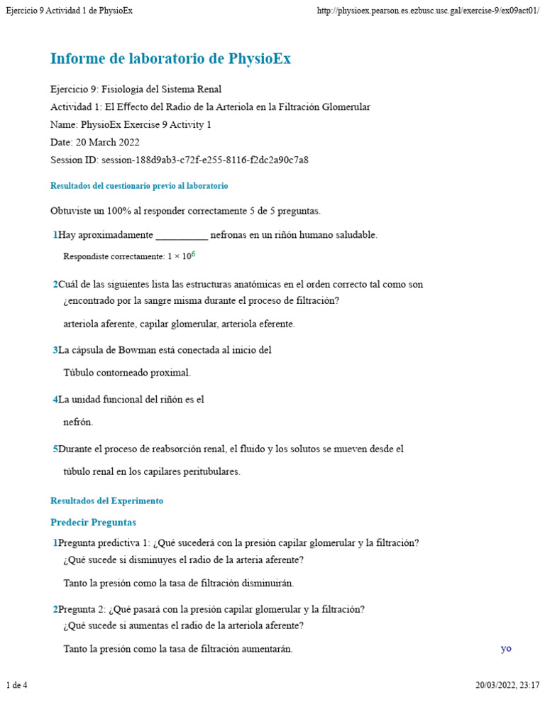 Ejercicio 9 Actividad 1 de PhysioEx | PDF | Riñón | Sistema urinario