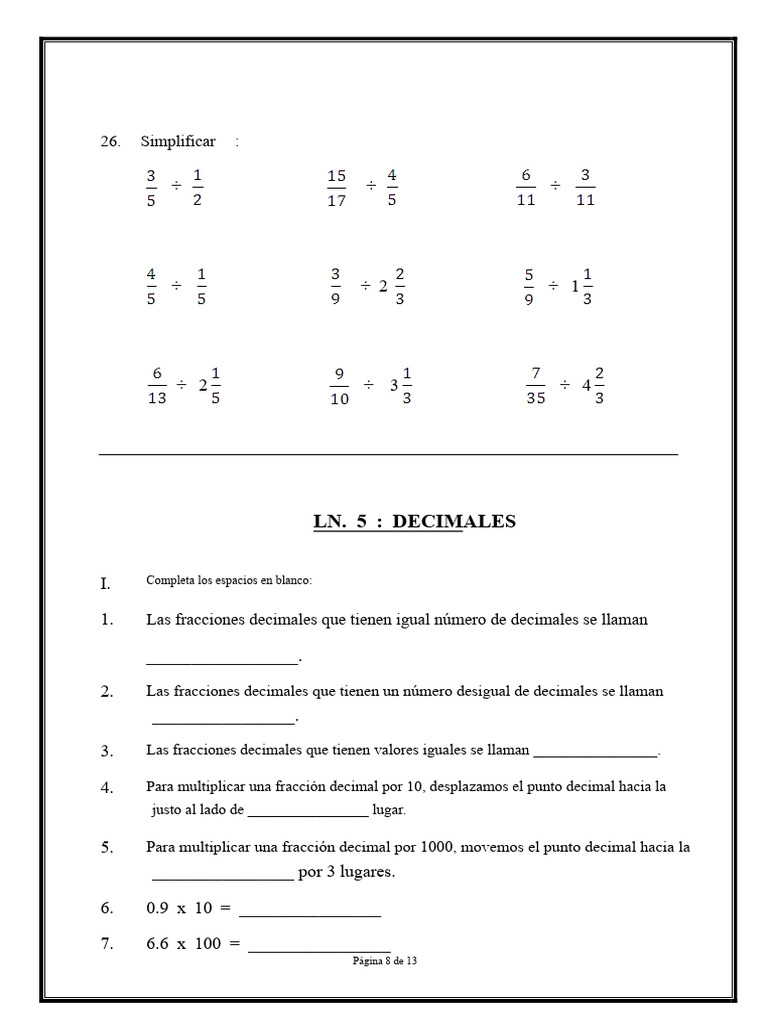 Hoja de Trabajo de Matemáticas de 5to Grado - Decimales | PDF | Decimal | Multiplicación