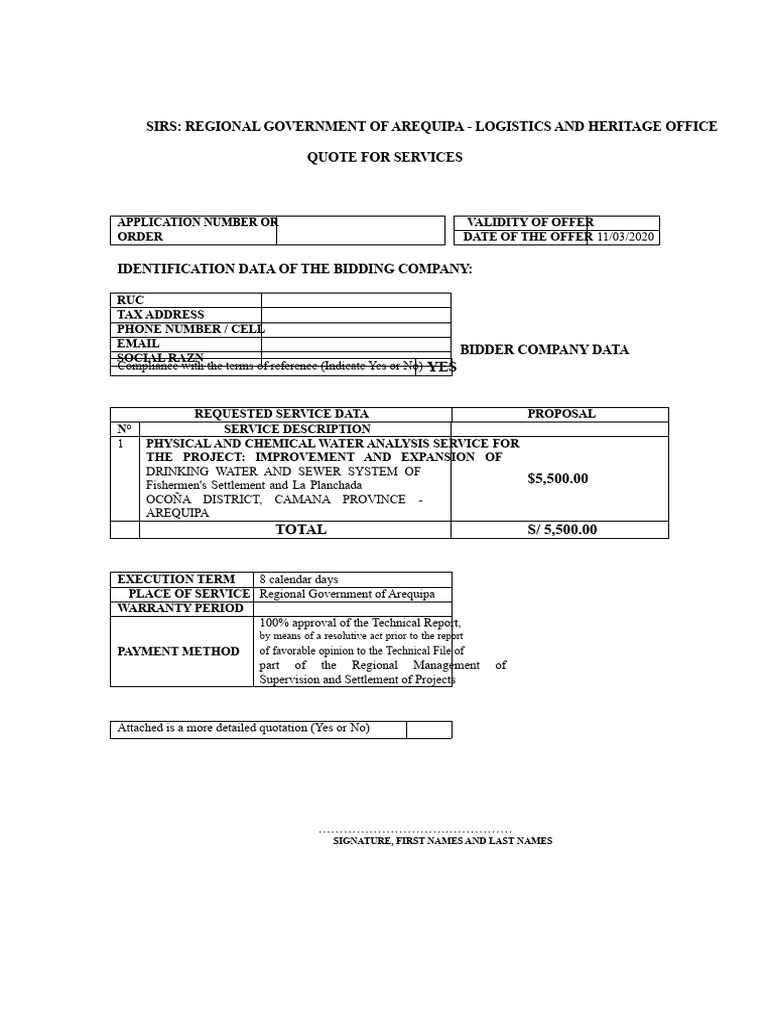 Water Quotation Model | PDF