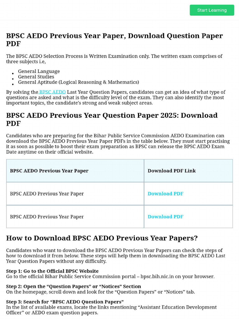 BPSC AEDO Previous Year Paper, Download Question Paper PDF | PDF