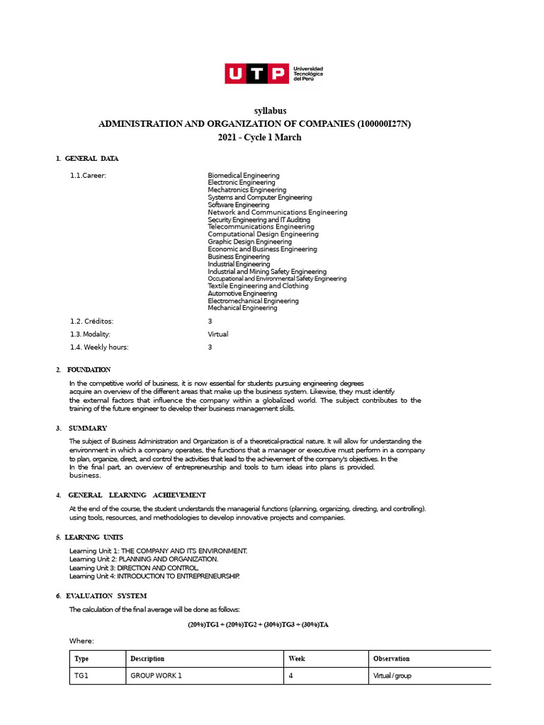 Syllabus of Business Administration and Organization | PDF ...