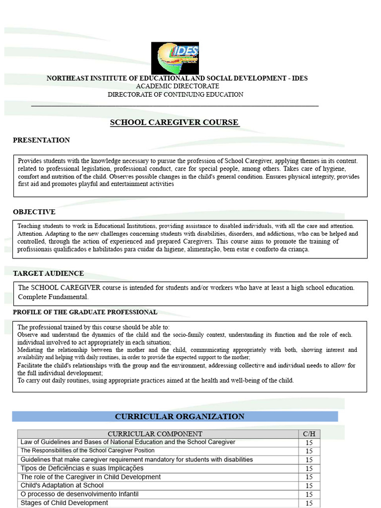 Curriculum of The School Caregiver Course | PDF | Caregiver | Curriculum