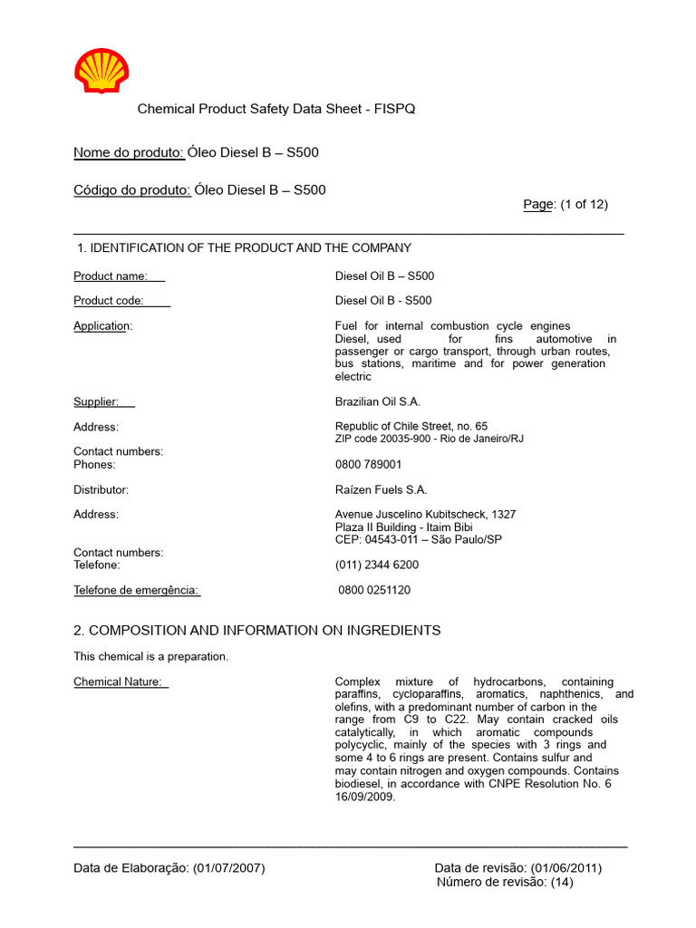 Safety Data Sheet Diesel Oil B S500 Shell R14 06 2011 | PDF | Water ...