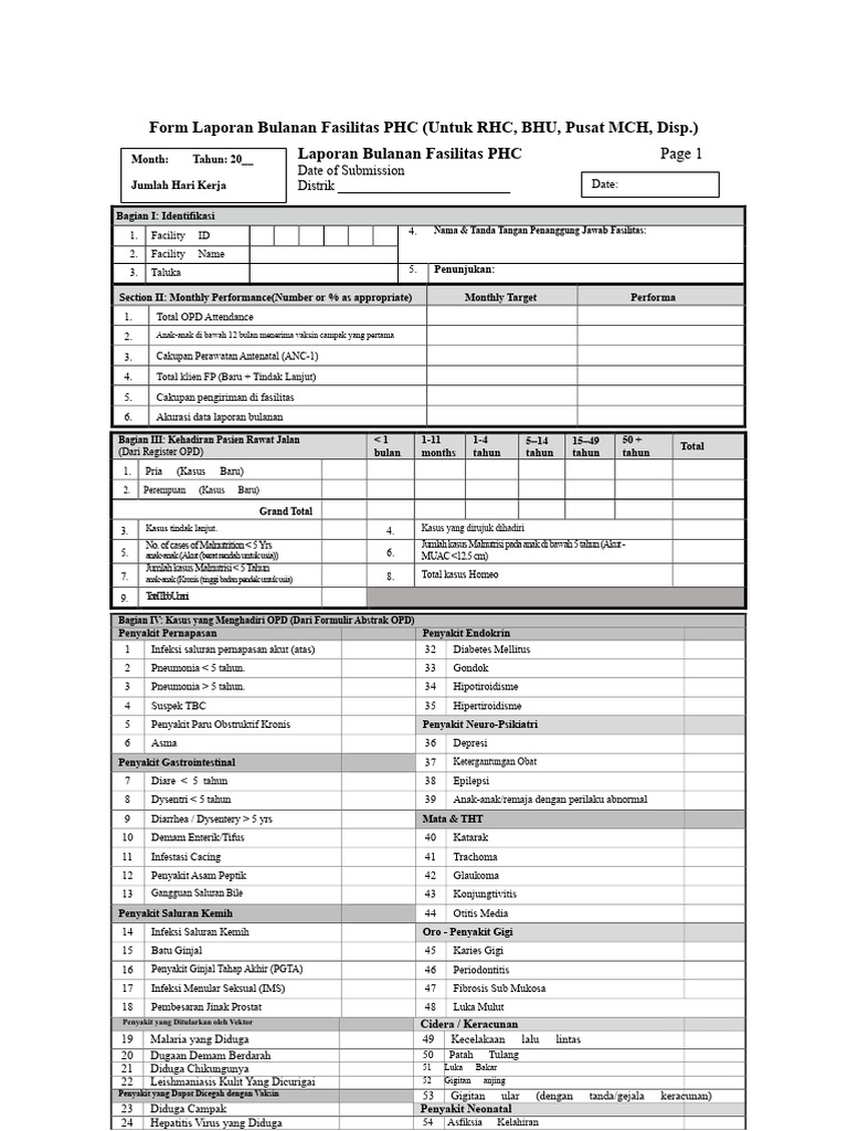 Formulir Laporan Bulanan Fasilitas PHC DHIS-21 (MR) | PDF