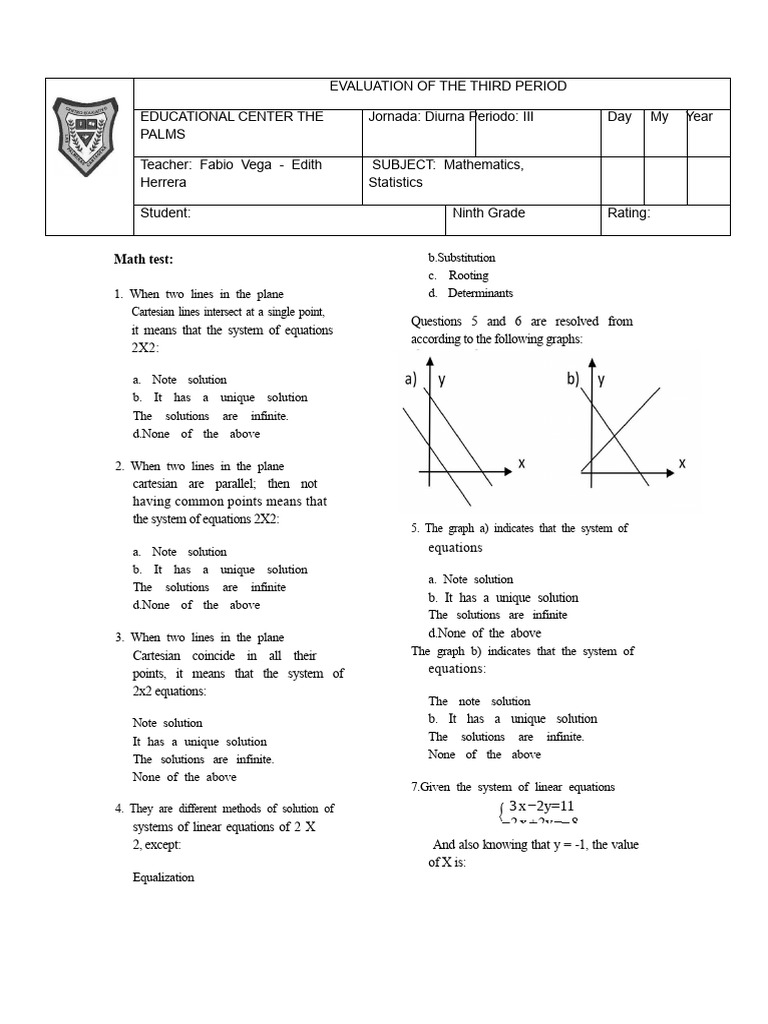 Ninth Grade Math Evaluation Test | PDF | Equations | System Of Linear ...