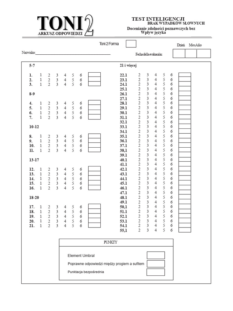 03 TEST TONI 2 - Arkusz Odpowiedzi A | PDF
