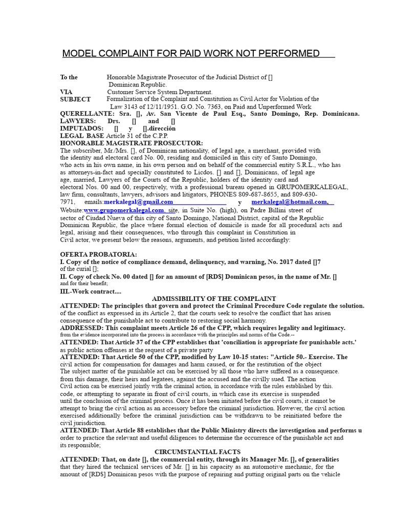 Model Complaint For Paid Work Not Performed | PDF | Criminal Procedure ...