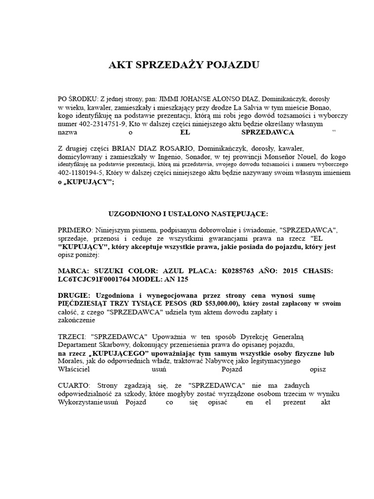 Akt Sprzedaży Niebieskiego Skutera Suzuki Jimmi Z 2019 Roku | PDF