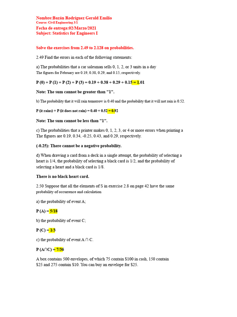 71 Exercises - Statistics For Engineers I | PDF | Motel