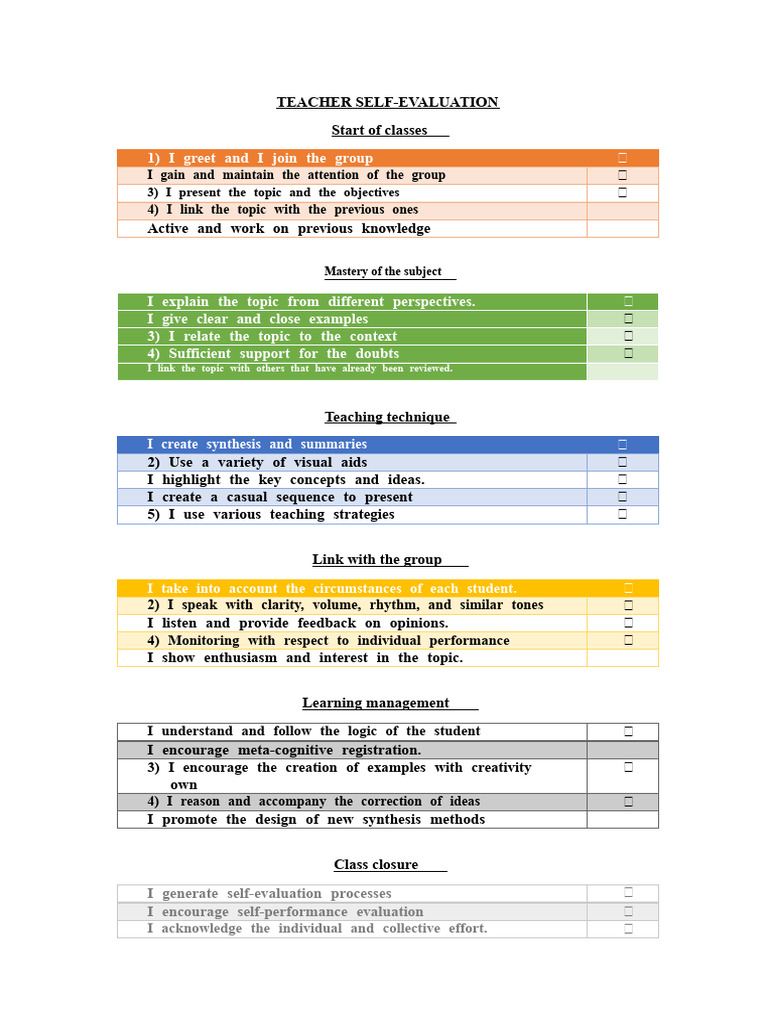 Teacher Self-Evaluation | PDF