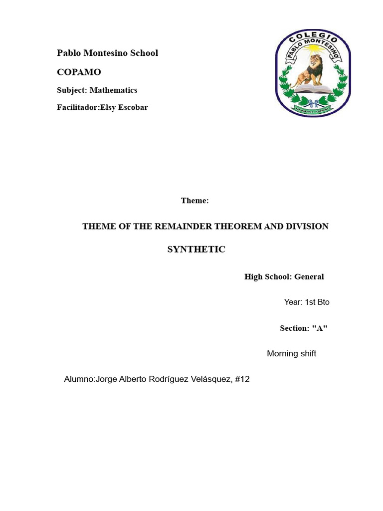 The Remainder Theorem and Synthetic Division | PDF | Polynomial ...