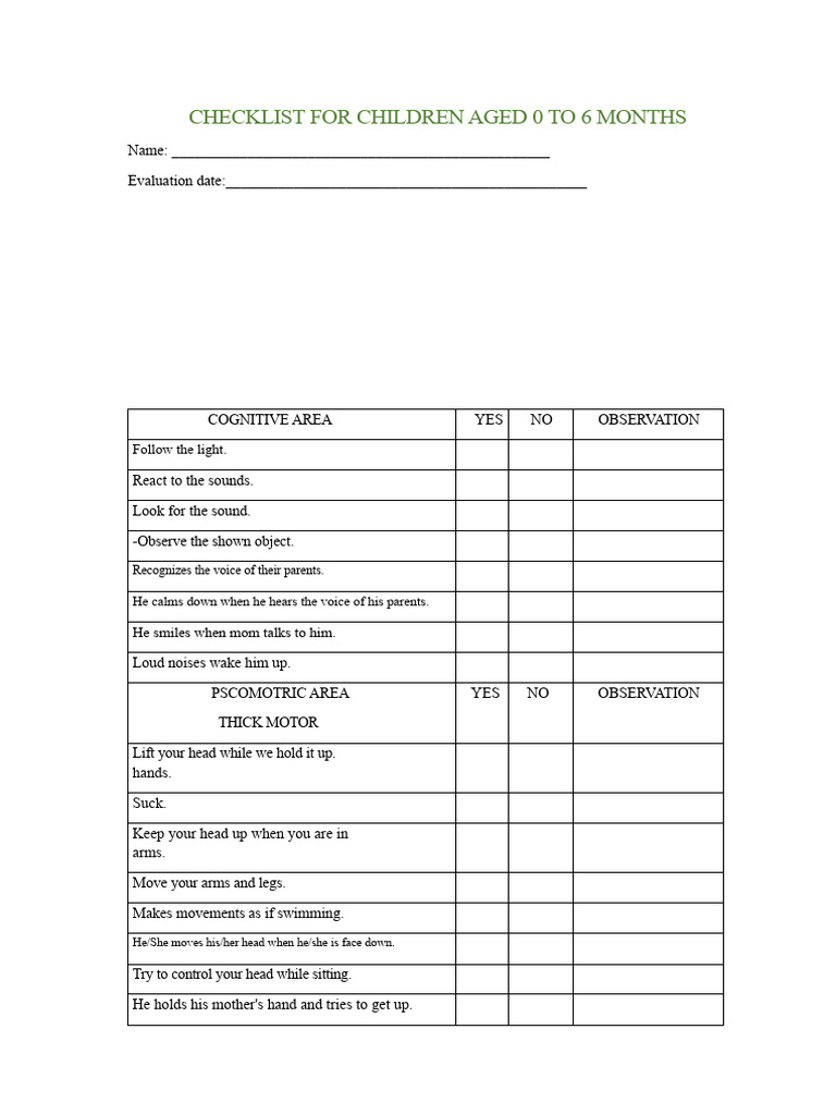 Checklist For Children From 0 To 6 Months | PDF | Gesture | Child Development