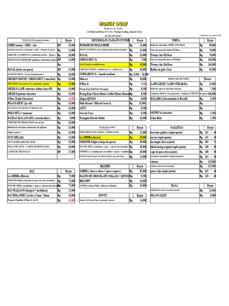 Lista de Precios Del Pan de Miel Marzo 2023 | PDF | Alimentos | Cocina
