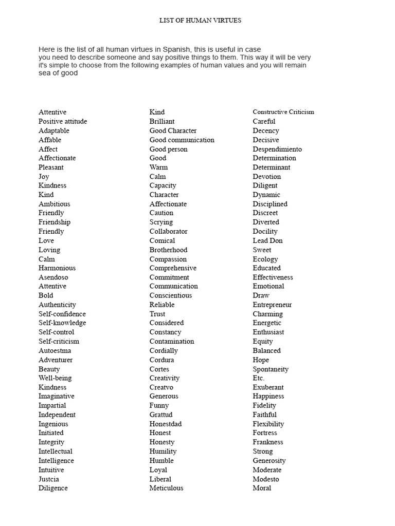 Comprehensive List of Human Virtues | PDF | Virtue | Wisdom