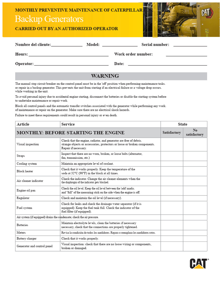 Monthly Maintenance Checklist for Caterpillar Generators | PDF ...